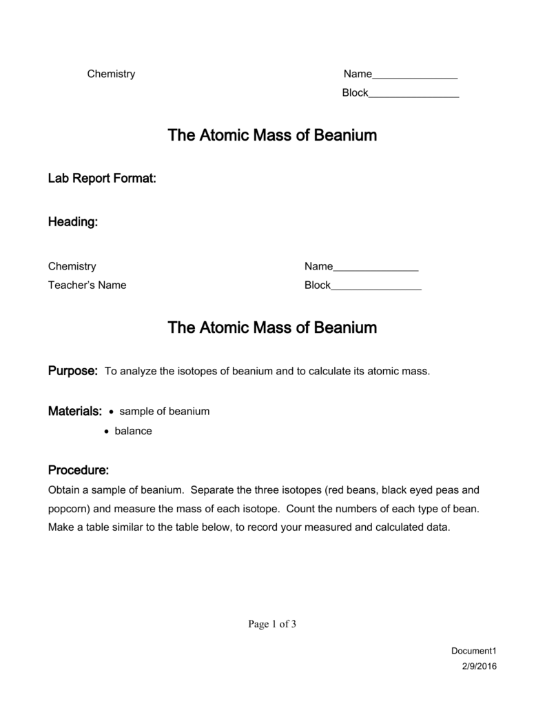 The Atomic Mass Of Beanium The Atomic Mass Of Beanium