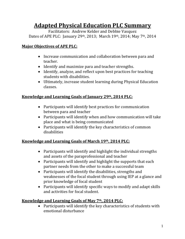 Adapted Physical Education PLC Summary