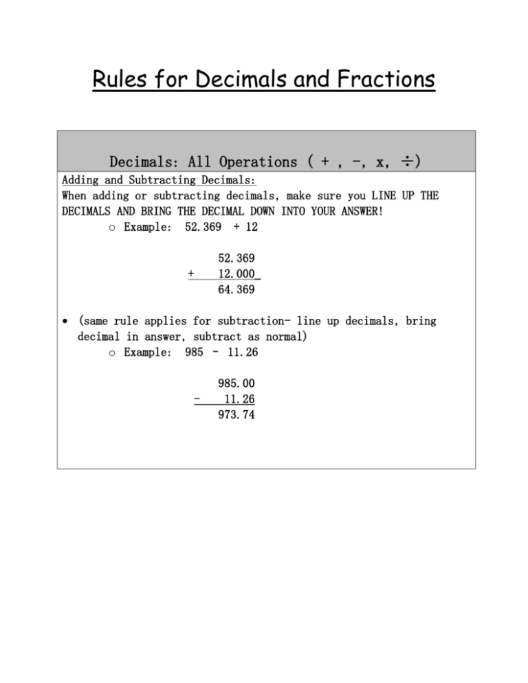 Decimal And Fraction Rules Packet