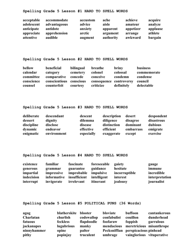 All Spelling Lessons For Grade 5