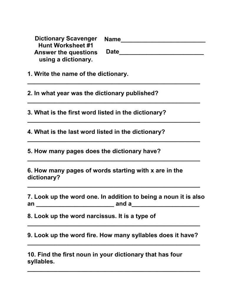 Dictionary Scavenger Hunt Worksheet 1 Answer