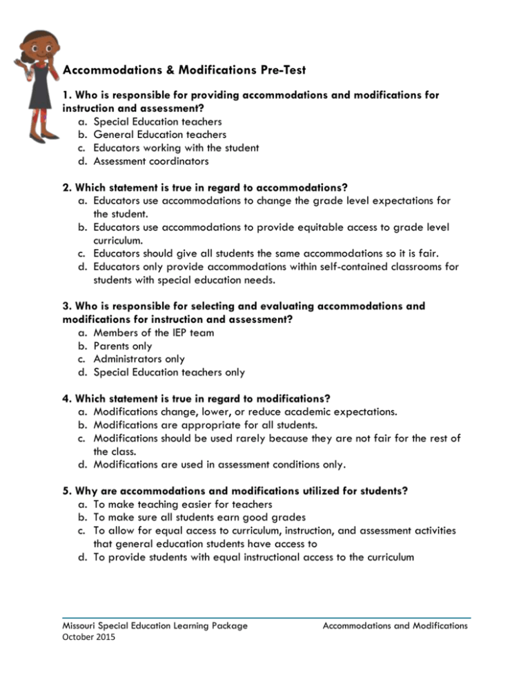 Accommodations & Modifications Pre/Post-Test