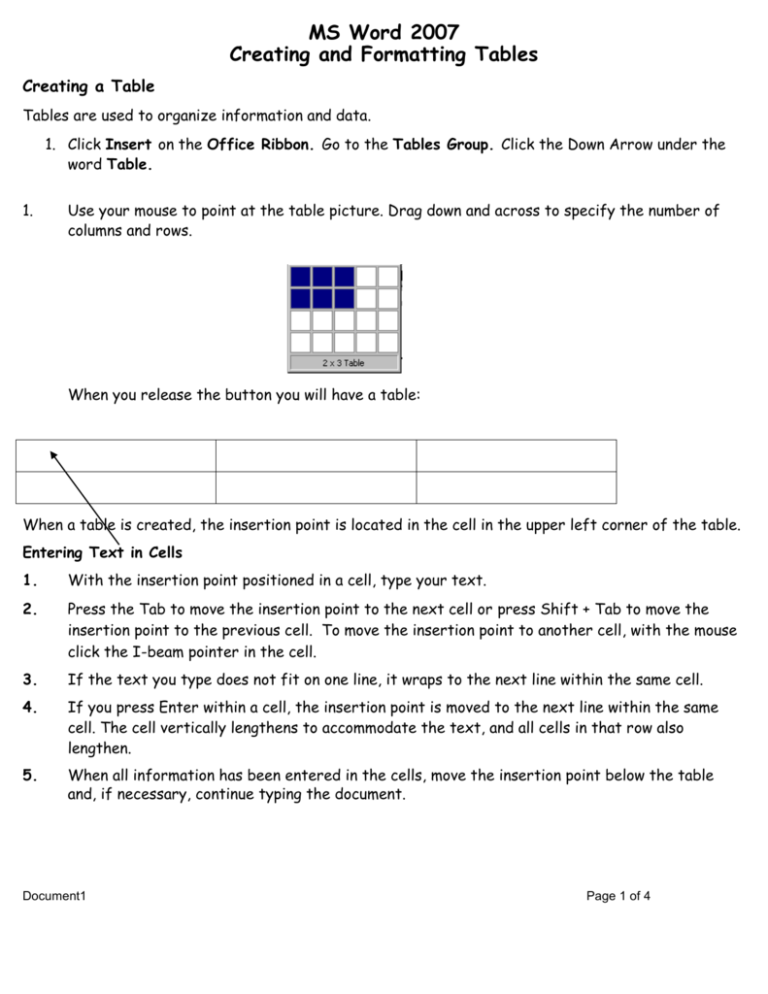 Creating And Formatting Tables In Word 2007