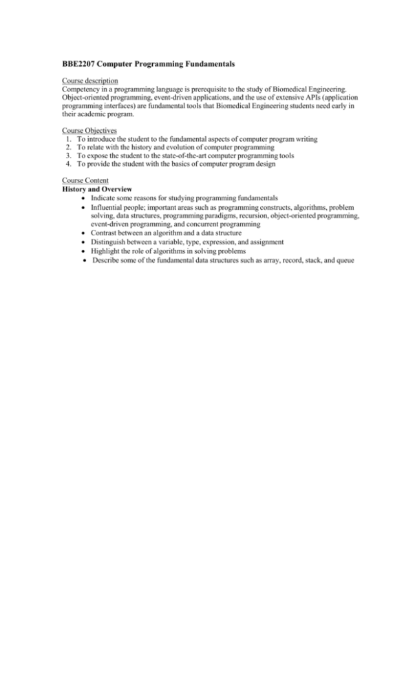 BBE2207 Computer Programming Fundamentals Course