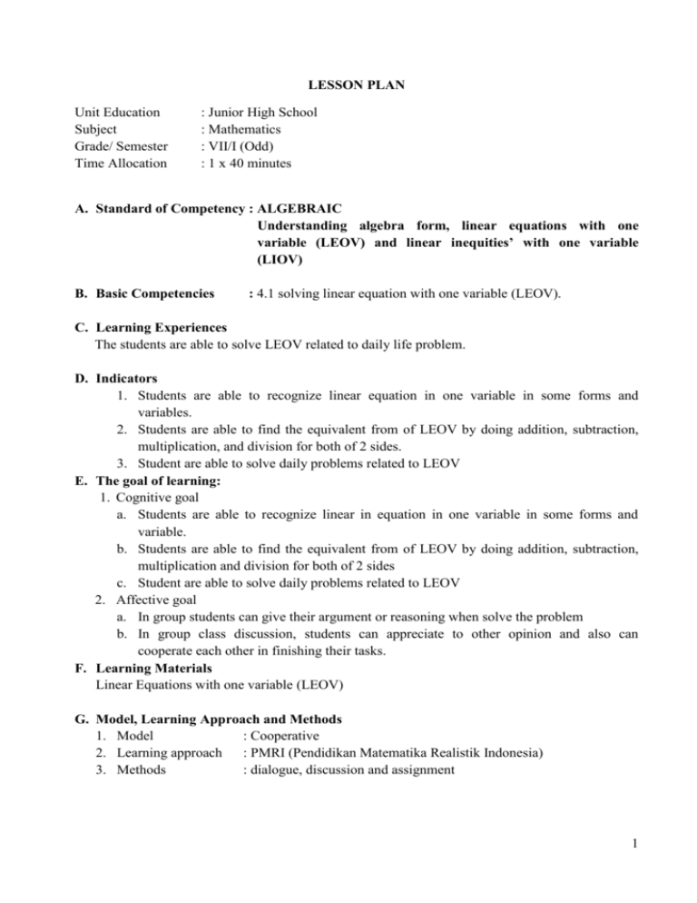 LESSON PLAN Unit Education Junior High School Subject LESSON PLAN Unit Education Junior High School Subject