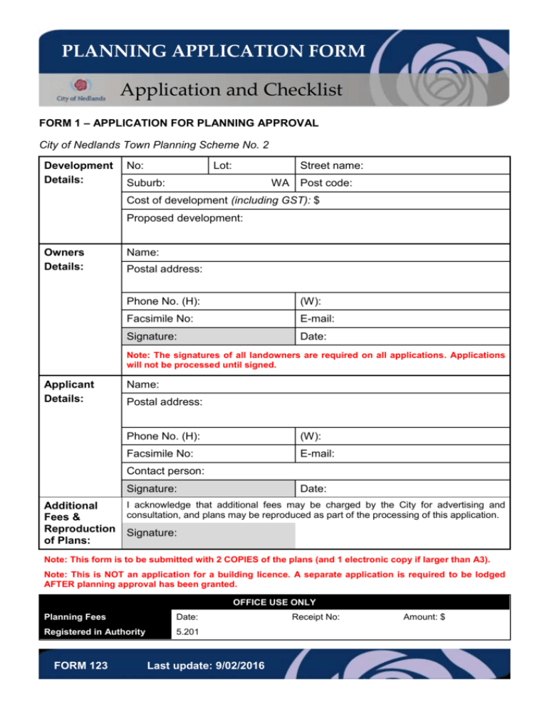 APPLICATION FOR PLANNING APPROVAL