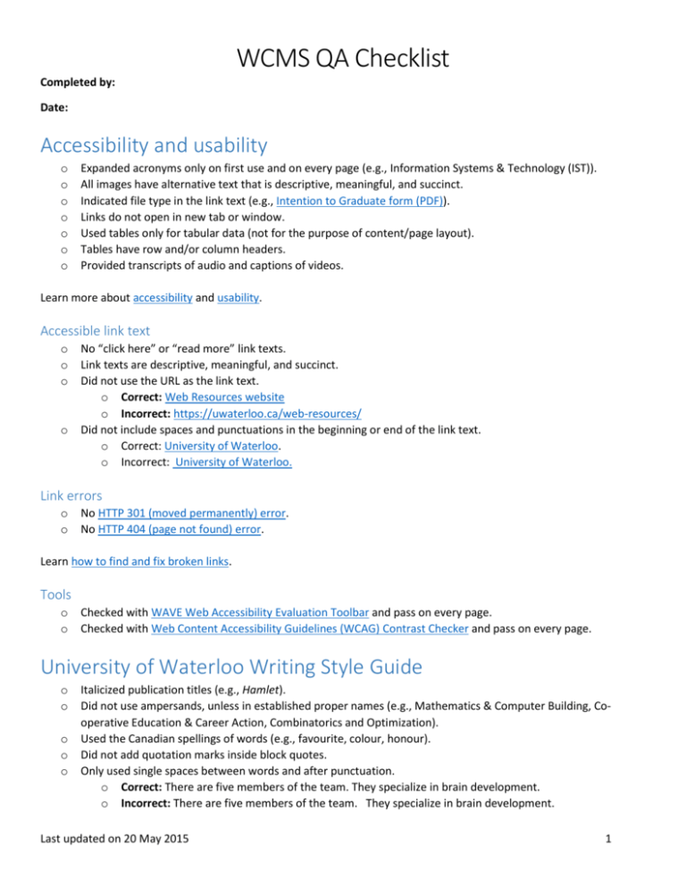 WCMS QA Checklist - University of Waterloo