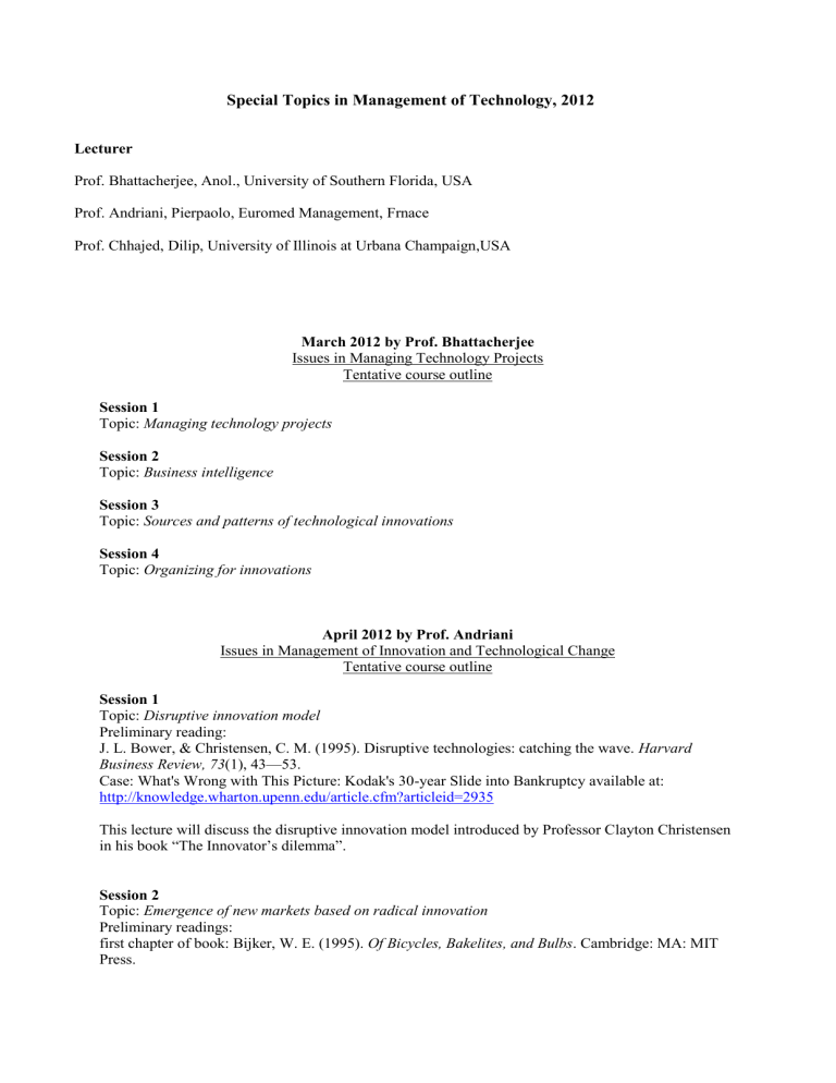 Special Topics In Management Of Technology 2012 Lecturer Prof