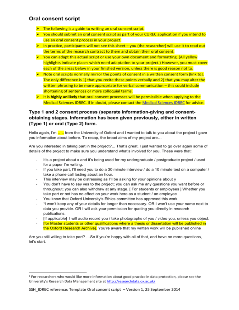 Template oral consent script Template oral consent script