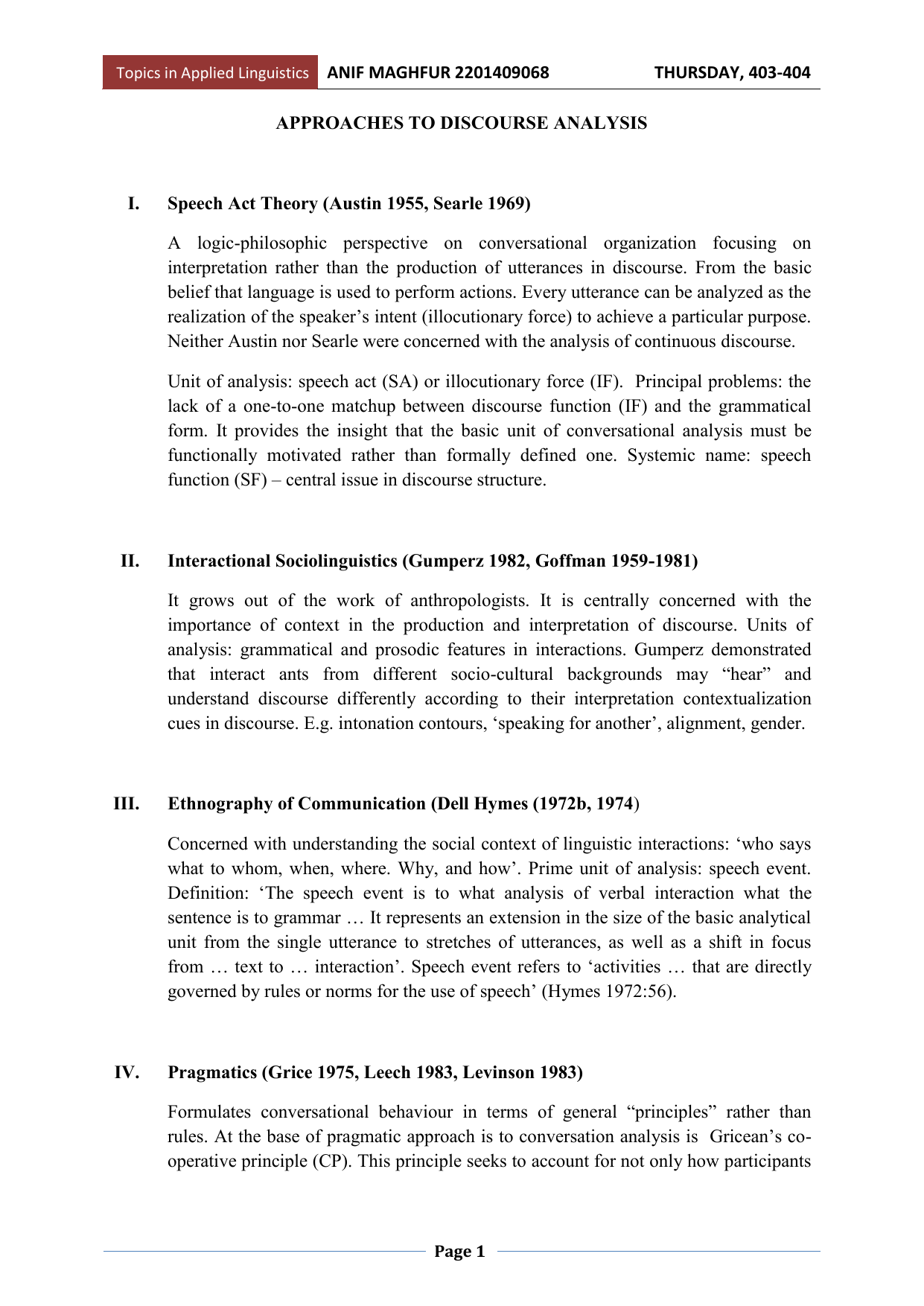 APPROACHES TO DISCOURSE ANALYSIS