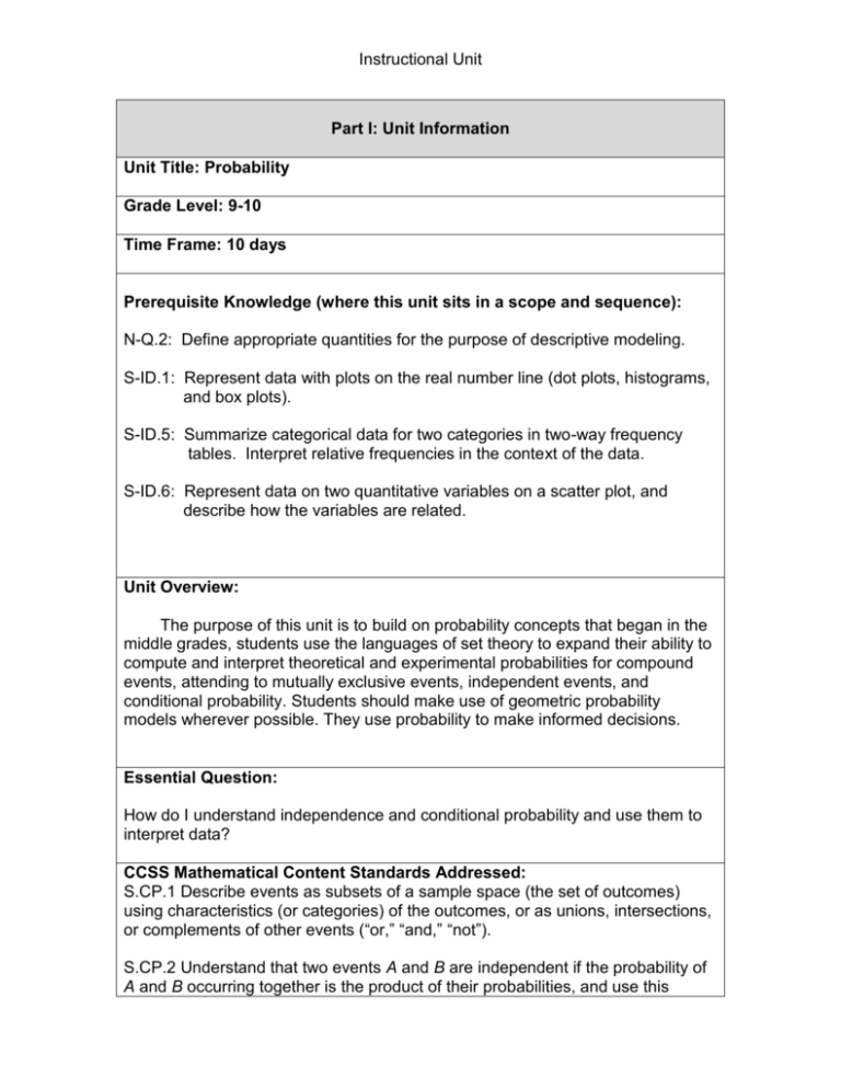 Unit Plan for Probability Unit - MELT-Institute