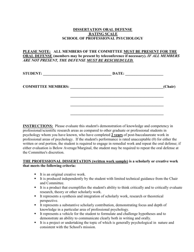 Oral Defense Rating Scale School Of Professional Psychology Oral Defense Rating Scale School Of Professional Psychology