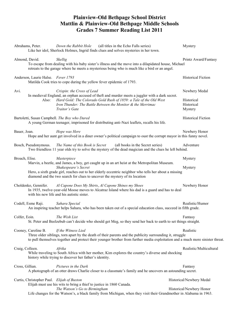 Grades 7 Summer Reading List 2011 The Plainview Grades 7 Summer Reading List 2011 The Plainview