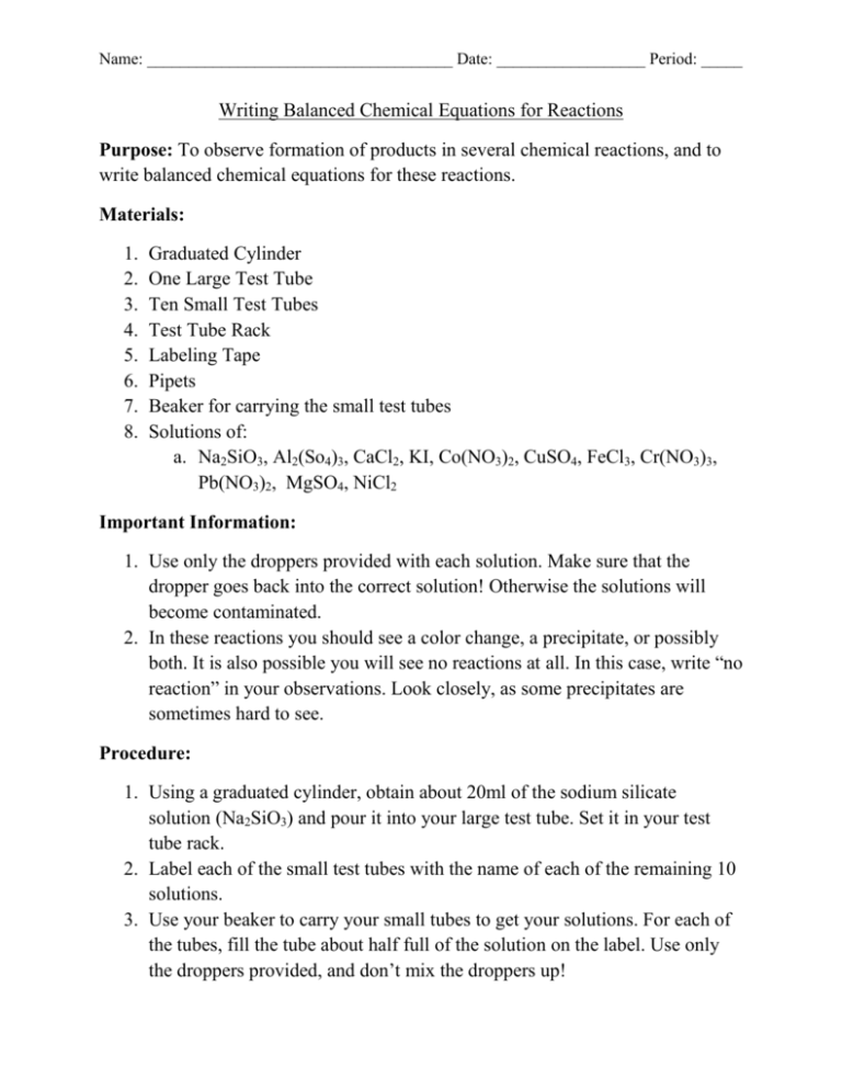 Writing Balanced Chemical Equations Lab