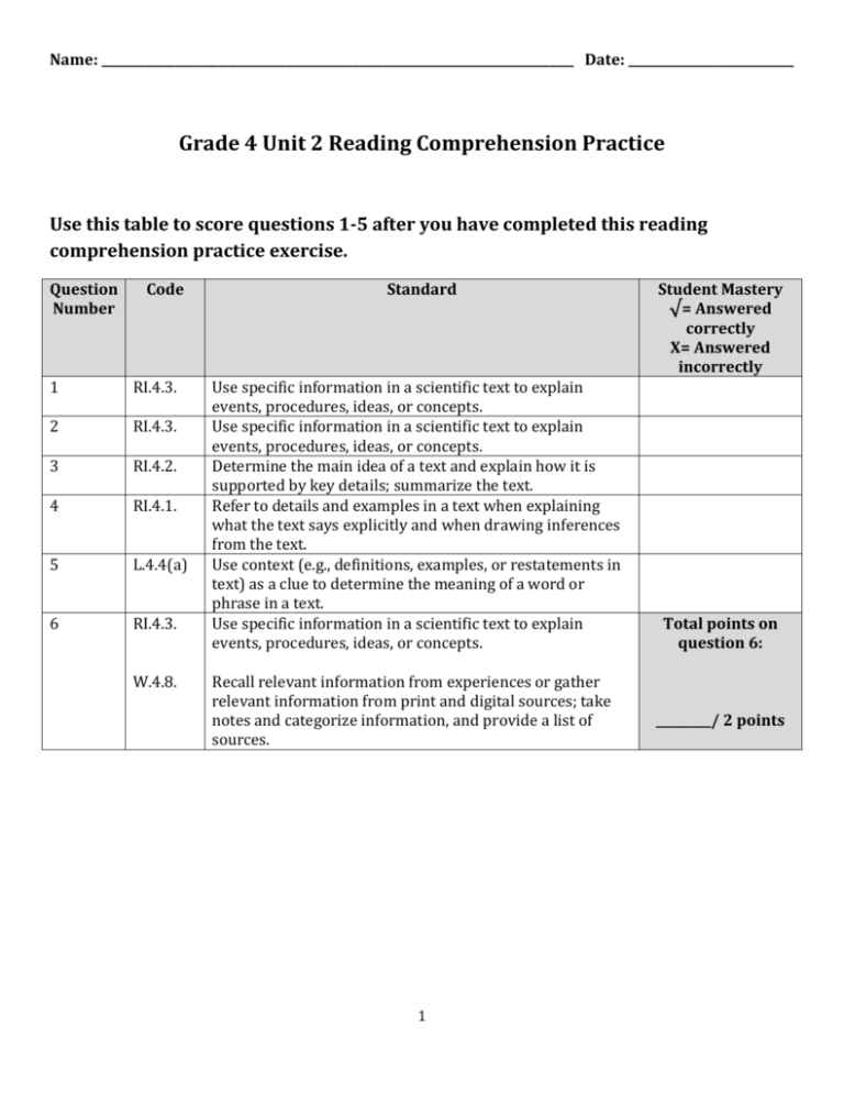 Grade 4 Unit 2 Reading Comprehension Practice Use This Table To Grade 4 Unit 2 Reading Comprehension Practice Use This Table To