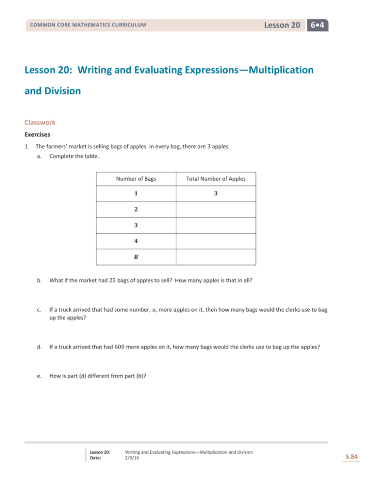 Lesson 20 Writing And Evaluating Expressions