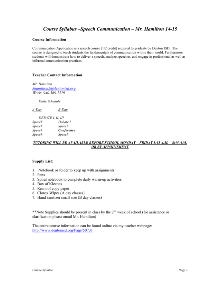Course Syllabus Speech Communication Course Syllabus Speech Communication