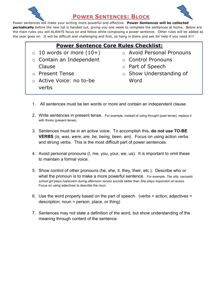 Power Sentence Core Rules Checklist Power Sentence Core Rules Checklist