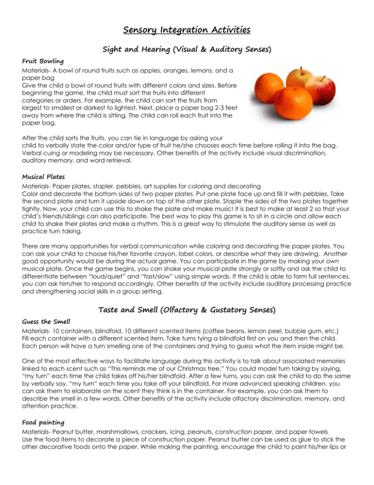 Sensory Integration Activities Sensory Integration Activities