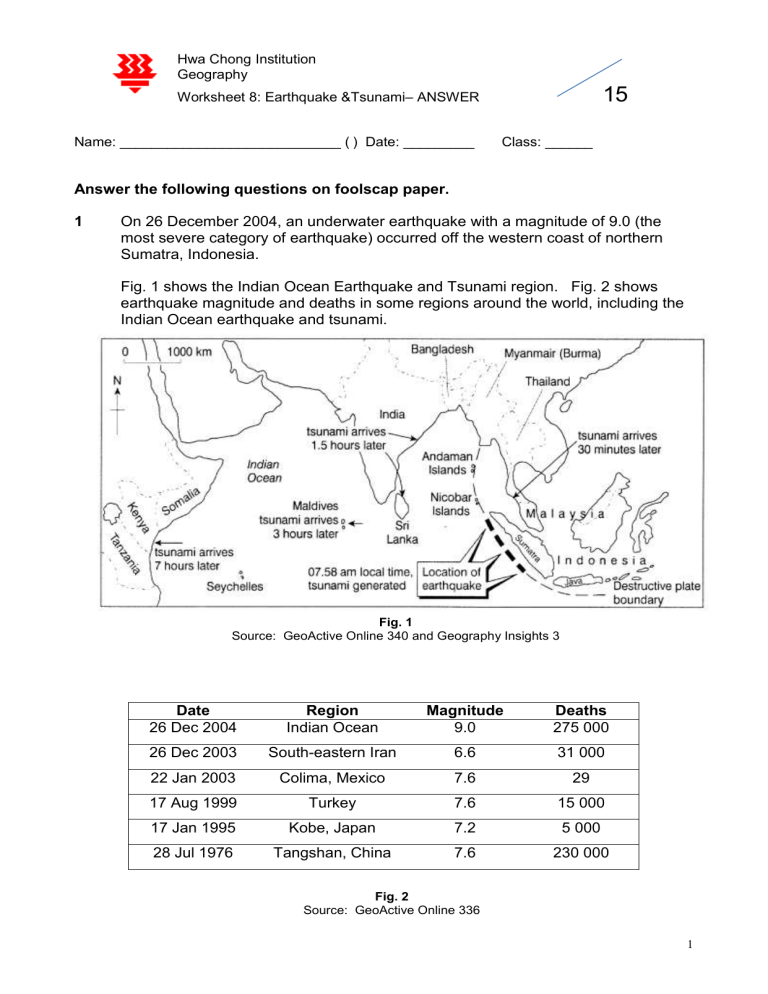 Worksheet 8 ANSWER Earthquake 2015 Sec3 Geog Worksheet 8 ANSWER Earthquake 2015 Sec3 Geog