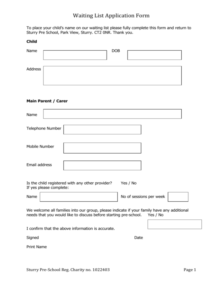 Waiting List Application Form
