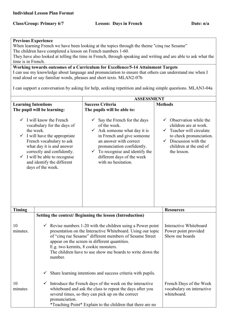 Days Of The Week Lesson Plan