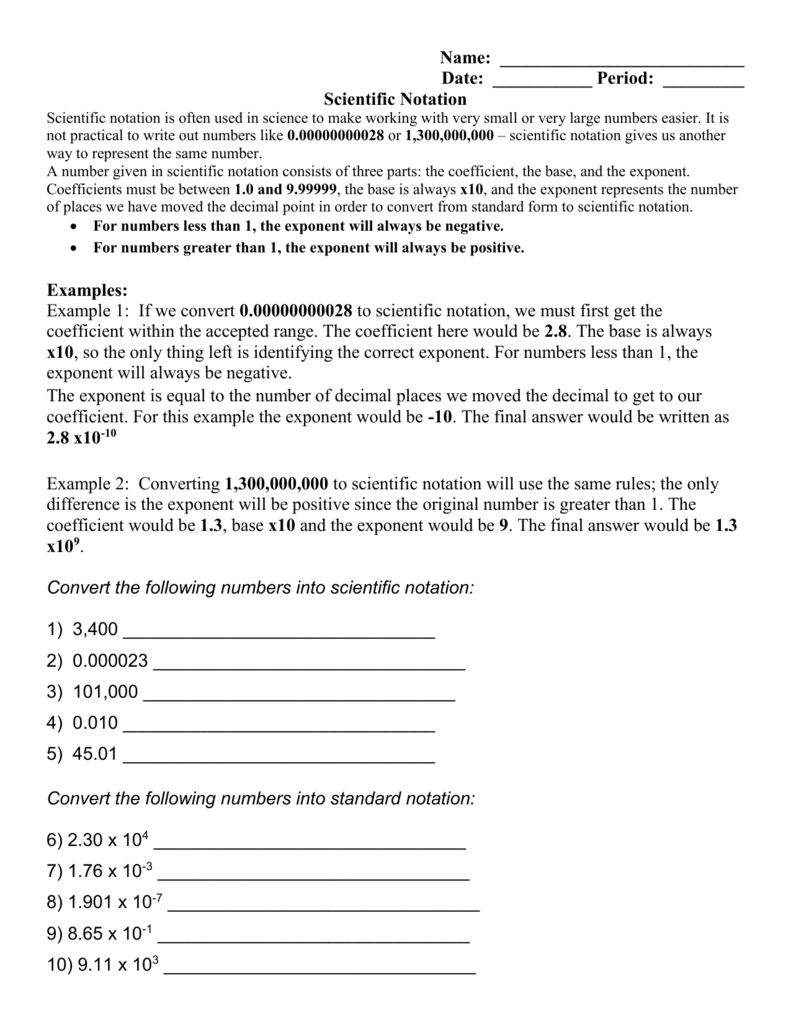 Scientific Notation Worksheet Scientific Notation Worksheet