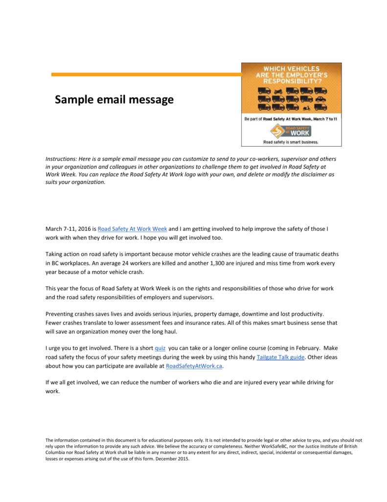 Sample Email Message Road Safety At Work
