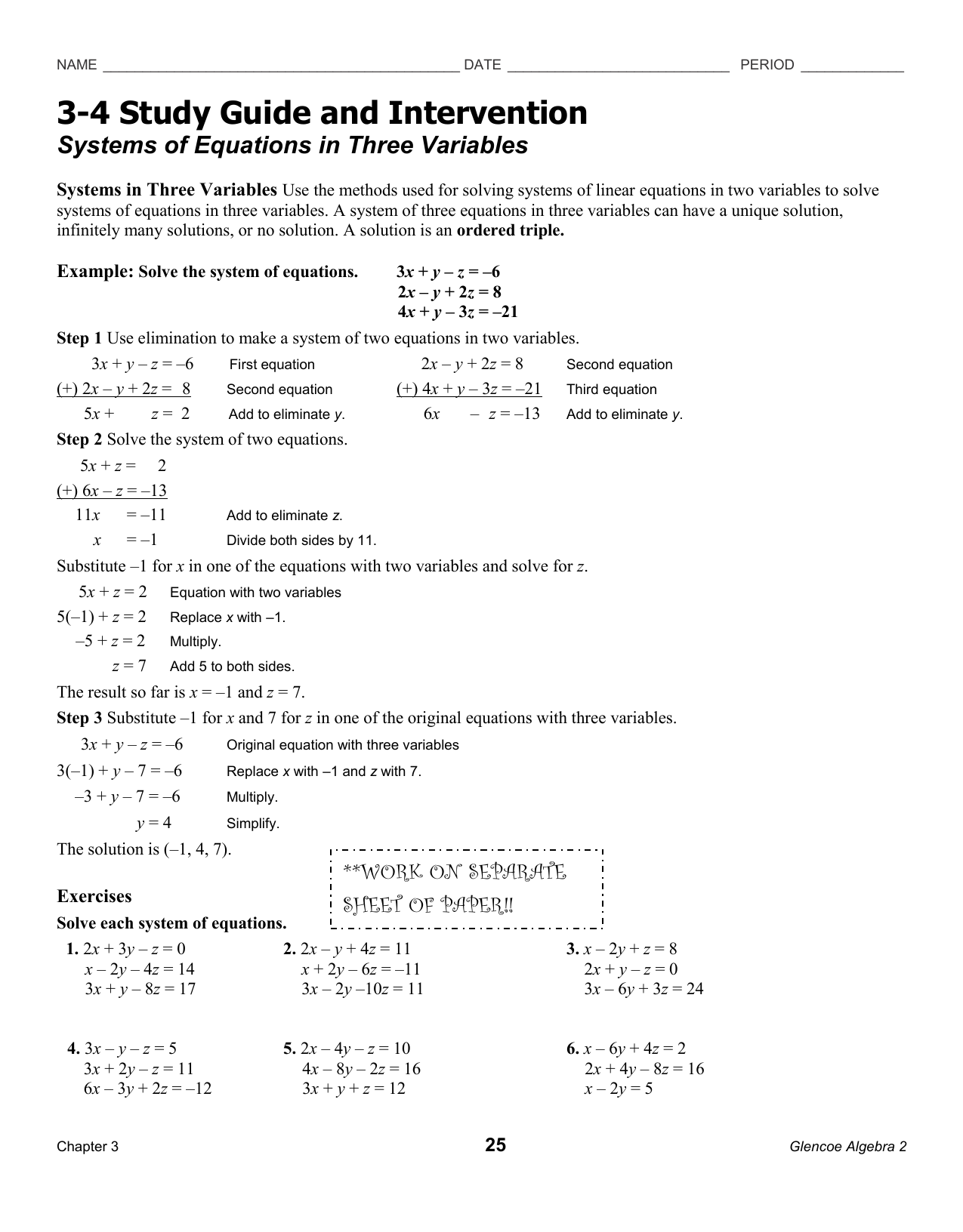 Systems Of Equations In 3 Variables HW