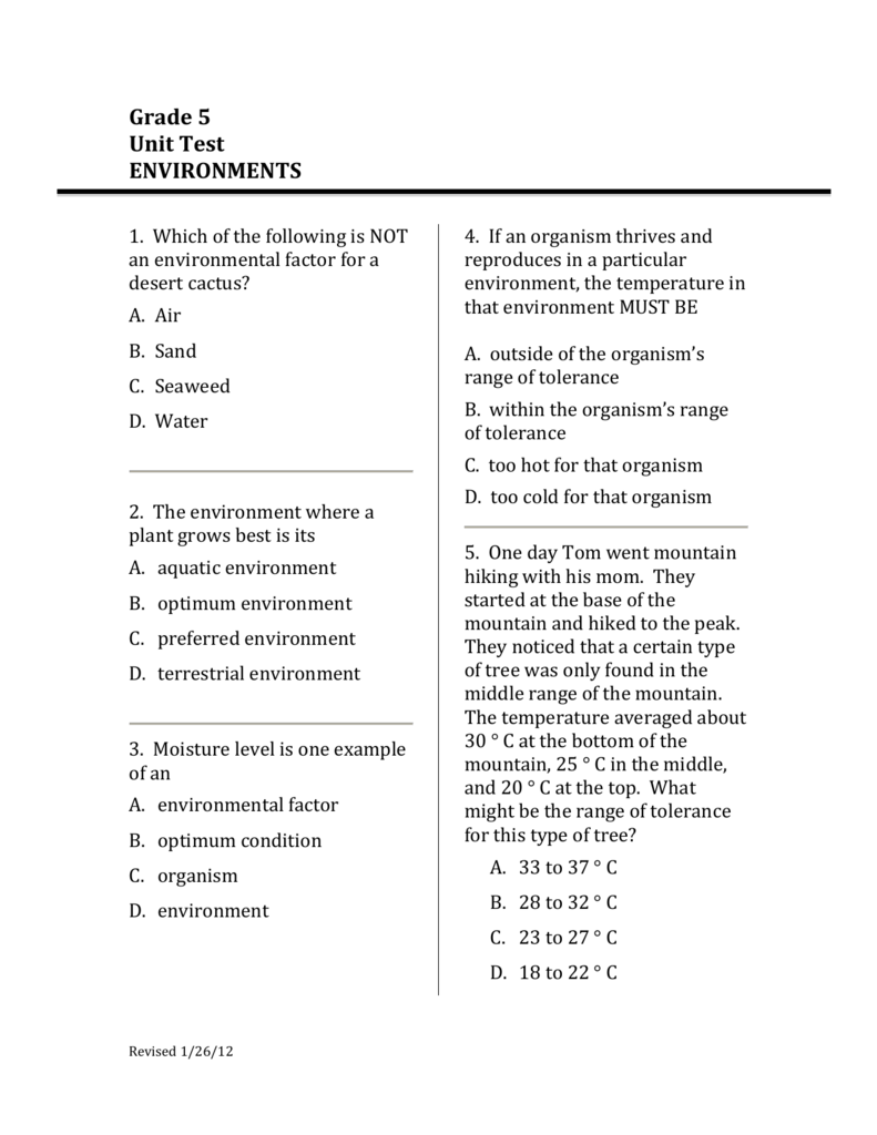 5th Grade Science Environments Practice Test 5th Grade Science Environments Practice Test