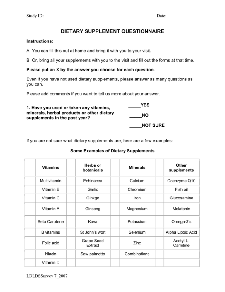 DIETARY SUPPLEMENTS Questionnaire DIETARY SUPPLEMENTS Questionnaire