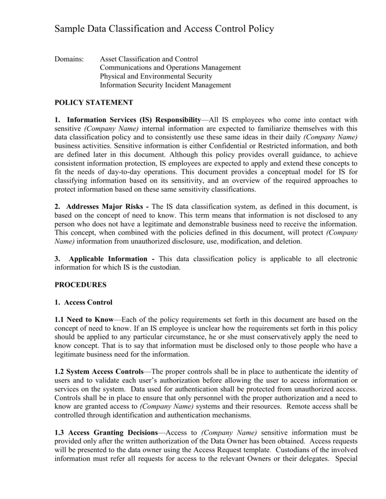 Sample Data Classification And Access Control Policy