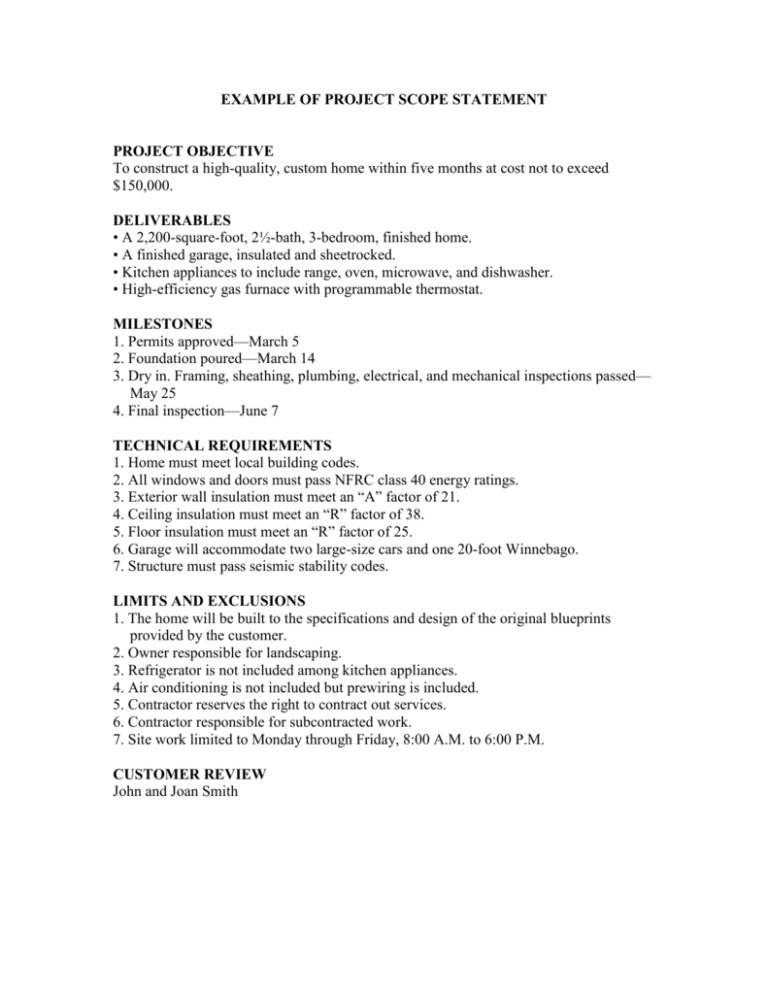 EXAMPLE OF PROJECT SCOPE STATEMENT