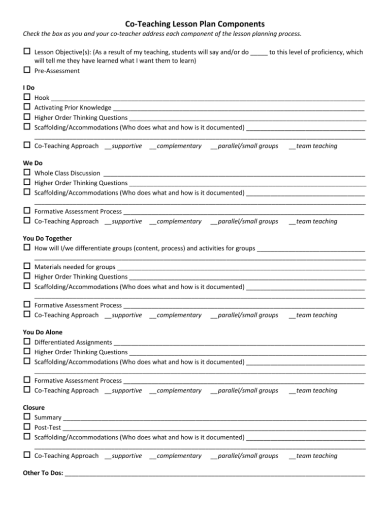 Co Teaching Lesson Plan Checklist