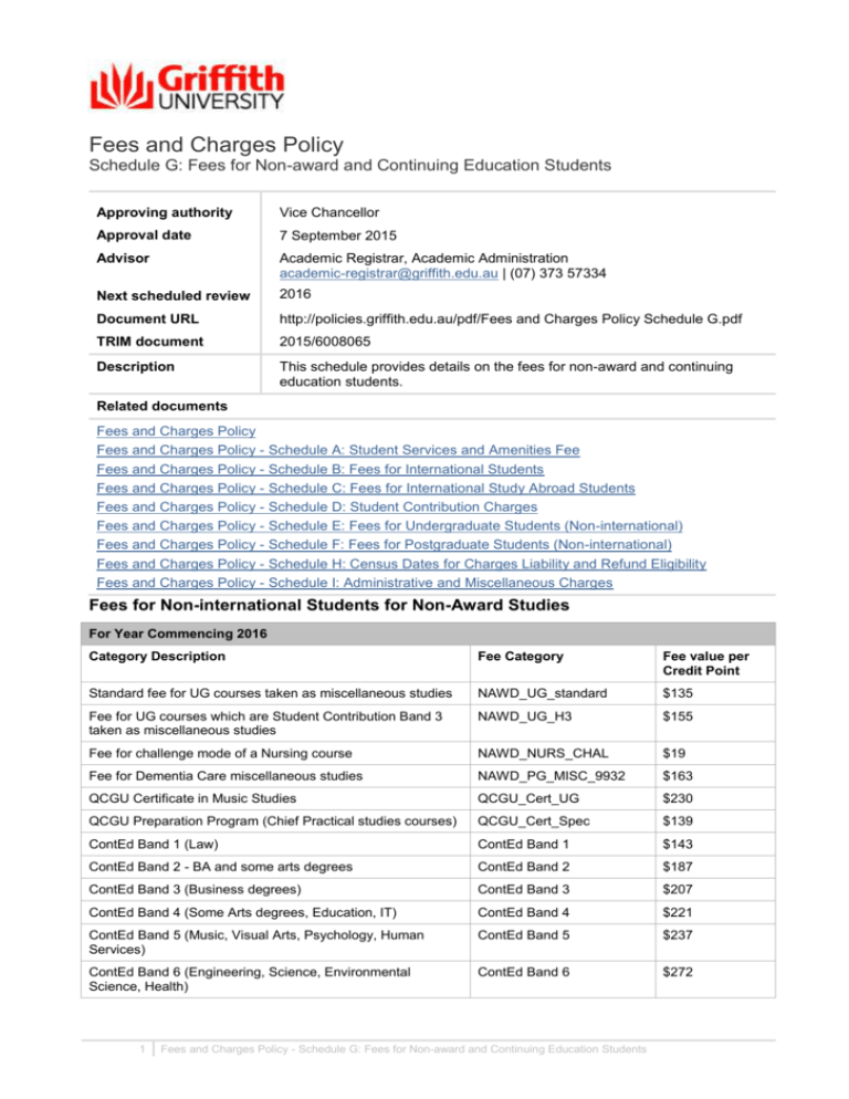 Fees And Charges Policy Griffith Policy Library