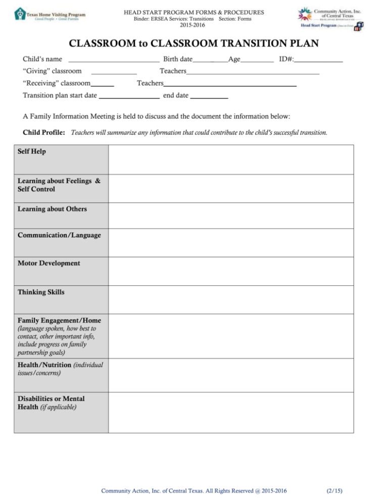Transition Plan Classroom To Classroom 
