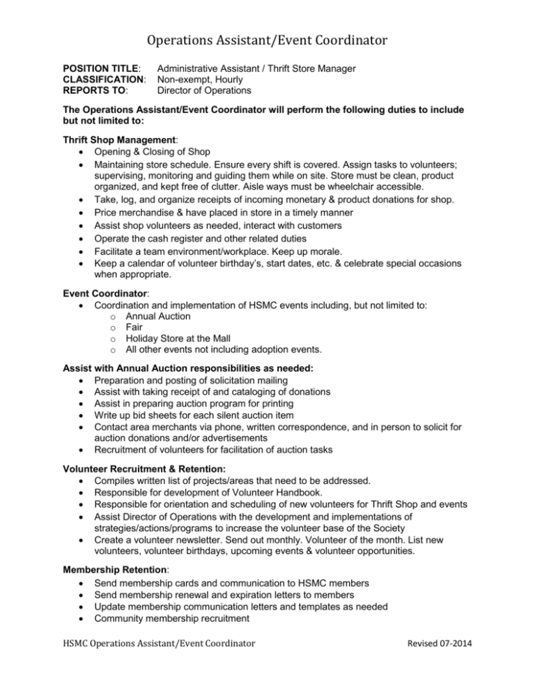 Operations Assistant Event Coordinator Operations Assistant Event Coordinator