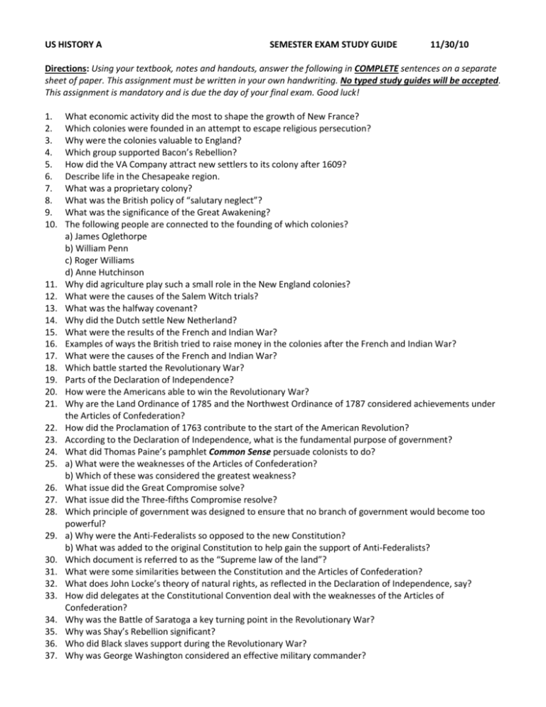Fall Semester Final Exam Study Guide Fall Semester Final Exam Study Guide
