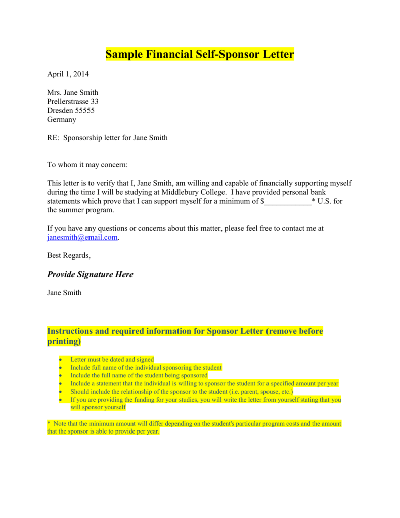 Sample Financial Self Sponsor Letter