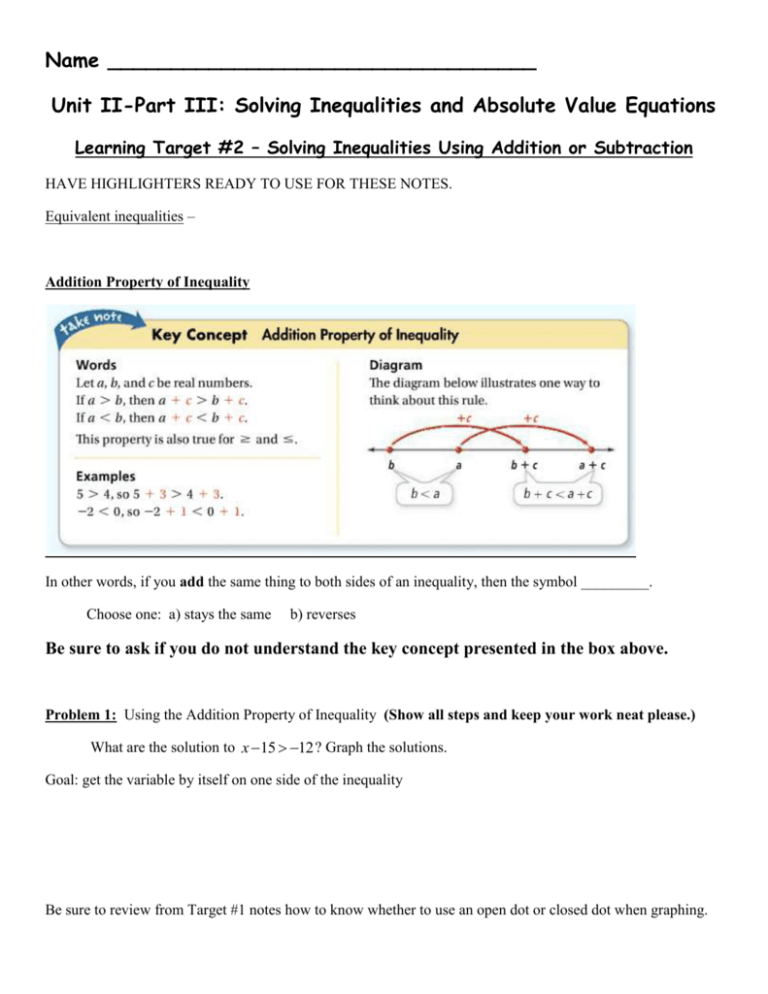 Solving Inequalities Using Addition Or Subtraction