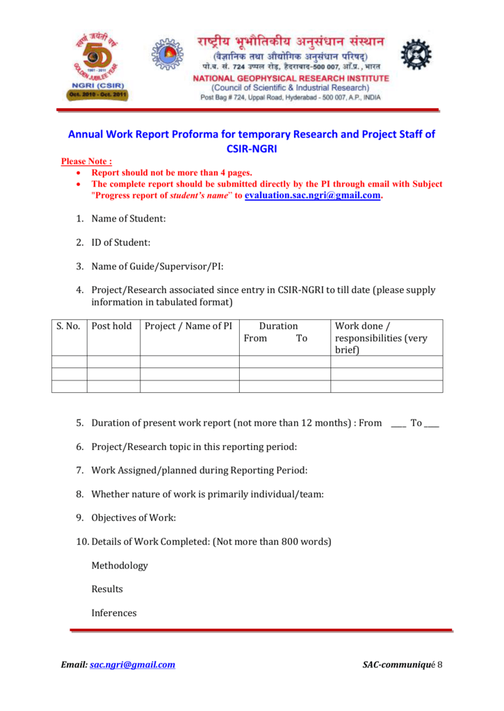 Annual Progress Report Proforma