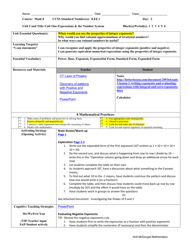 EE 1 Laws Of Exponents Zero And Negative