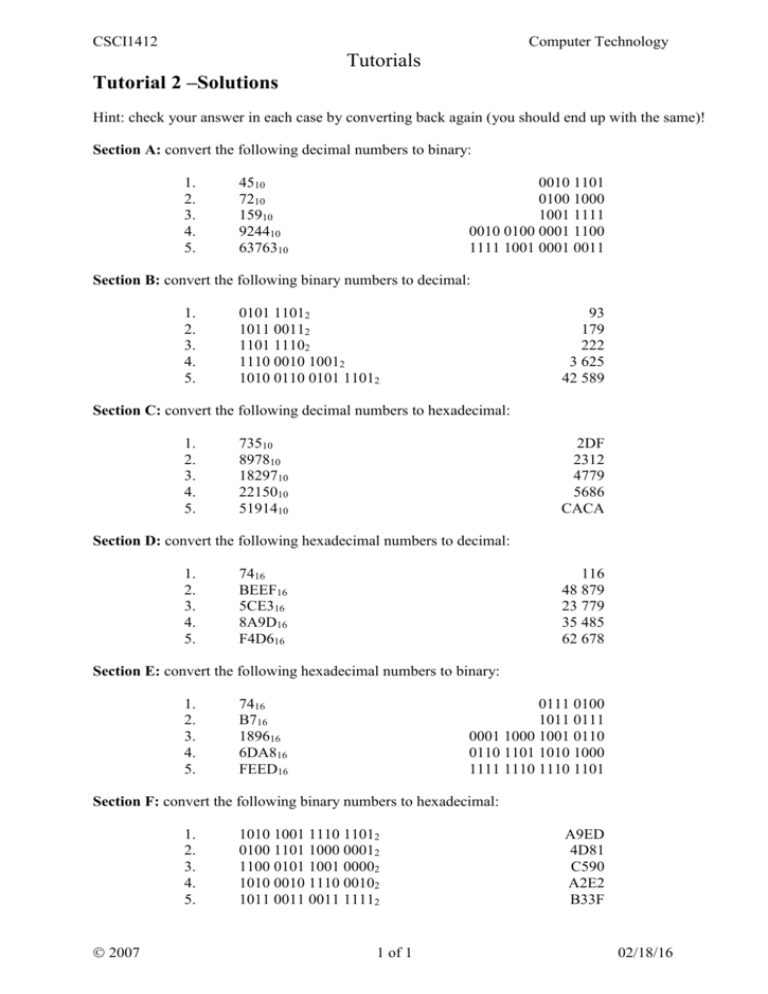 Section A Convert The Following Decimal Numbers To Binary