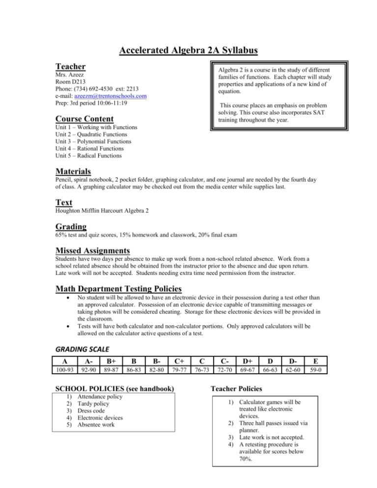 Accelerated Algebra 2A Syllabus Accelerated Algebra 2A Syllabus