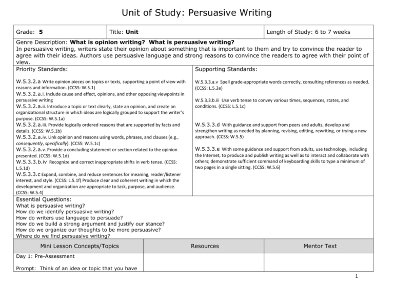 Fifth Grade Unit Of Study Opinion