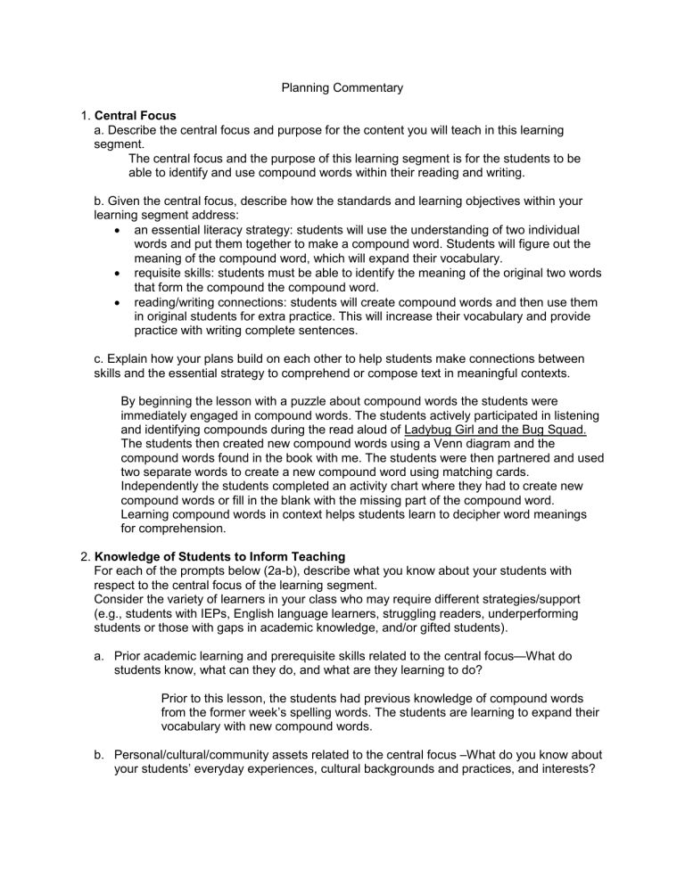 Planning Commentary Compound Words Lesson Planning Commentary Compound Words Lesson