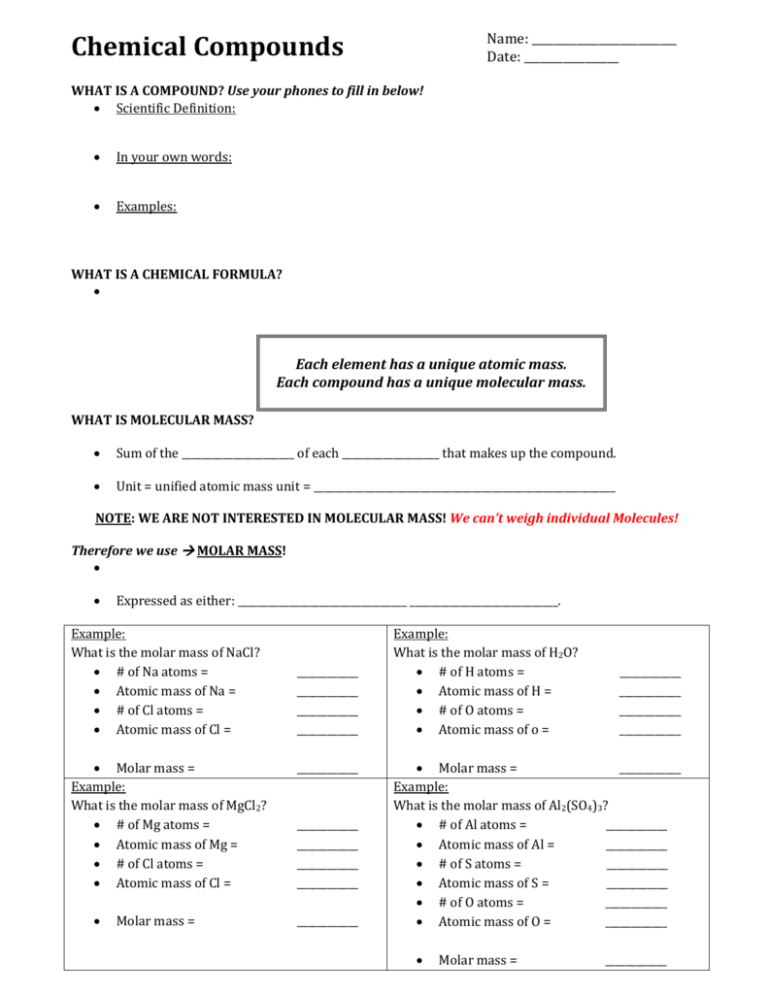Notes Molar Mass Notes Molar Mass