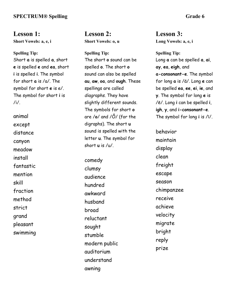 SPECTRUM Spelling Grade 6 Lesson 1 SPECTRUM Spelling Grade 6 Lesson 1