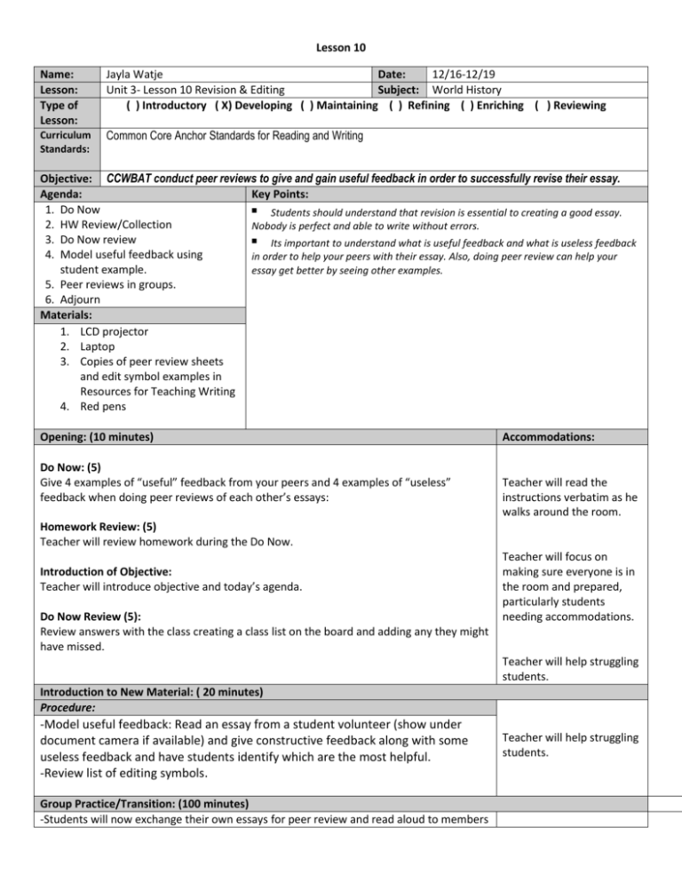 Lesson Plan 10 Revision And Editing Lesson Plan 10 Revision And Editing