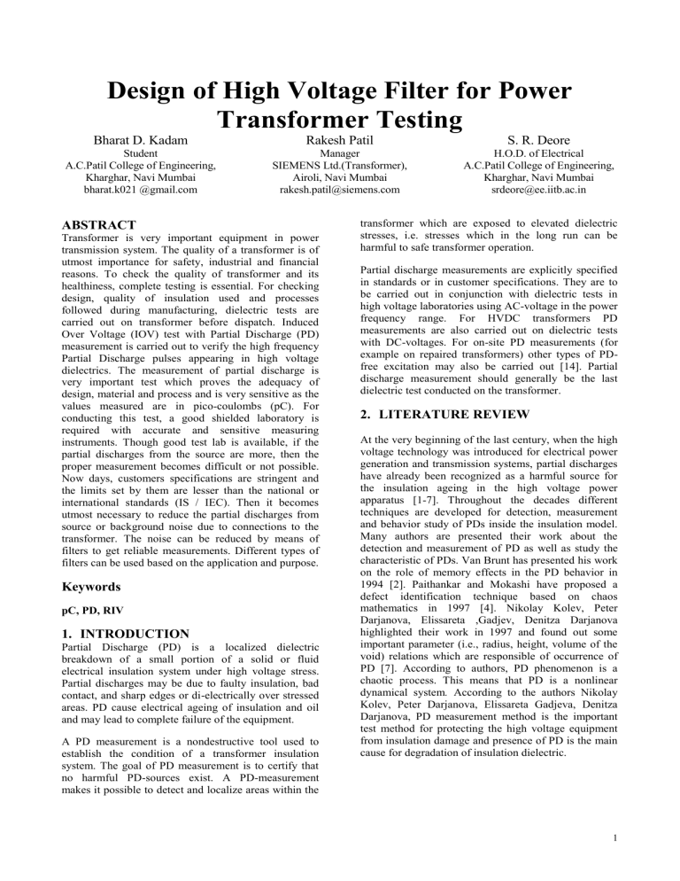 High Voltage Filter Design for Power Transformer Testing